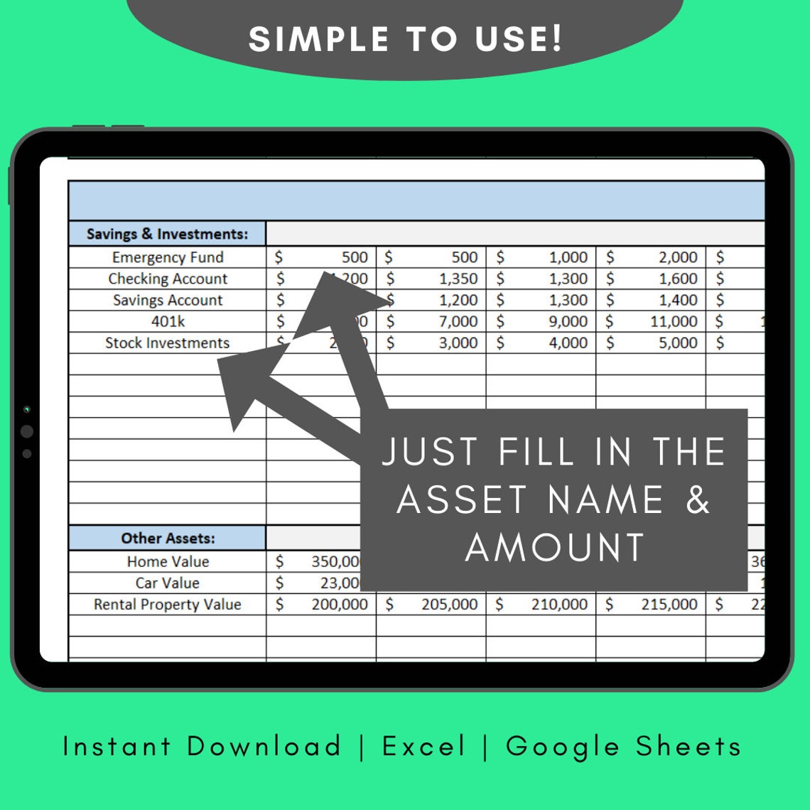 Net Worth Tracker Template for Excel, Net Worth Dashboard, Personal ...