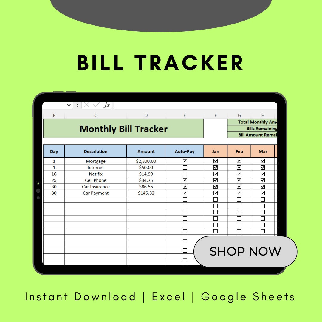 Monthly Bill Tracker Excel Spreadsheet, Bill Payment Schedule, Bill ... Monthly Bill Tracker Excel Spreadsheet, Bill Payment Schedule, Bill ...