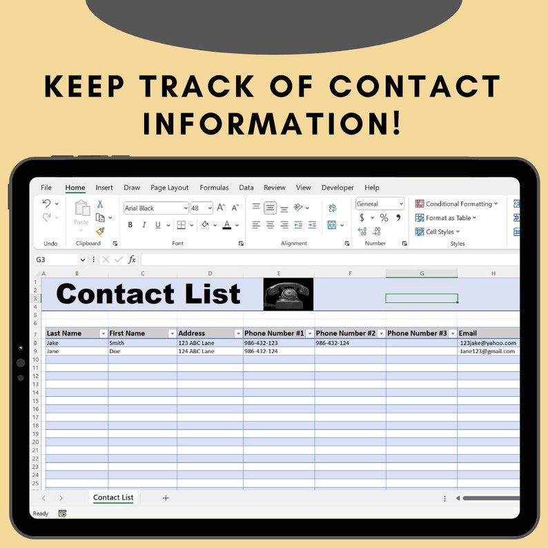 Excel Contact List Template: Editable Address Book (digital Download ...