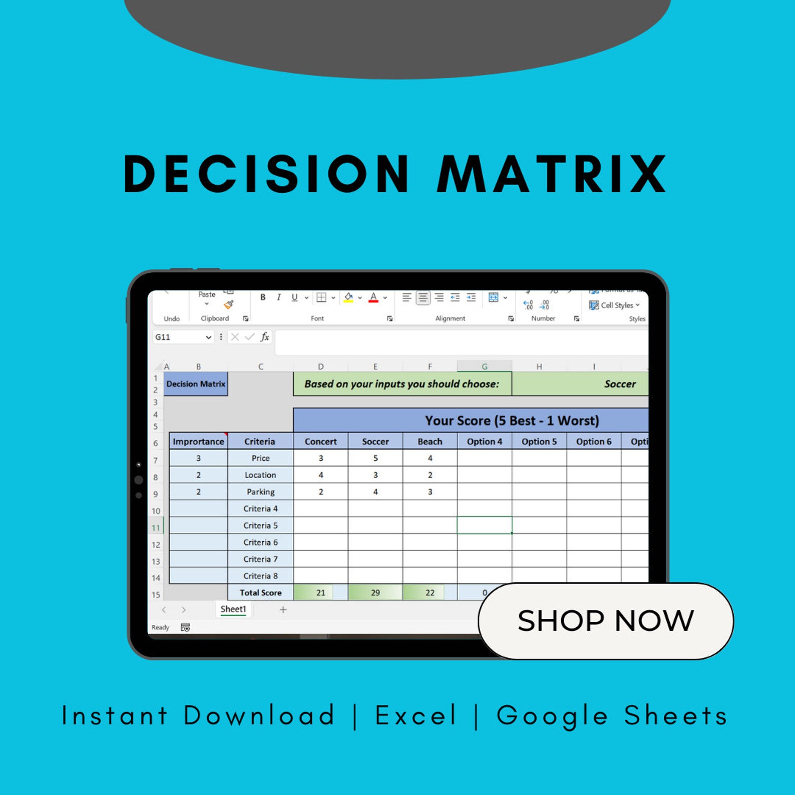 Decision Matrix Excel Template | Decision Making Tool | Planning Tool ...