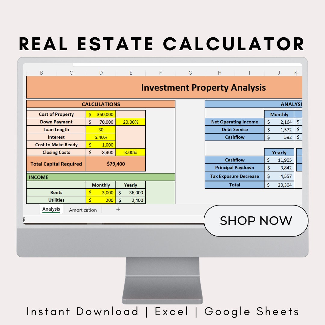 Rental Property Analysis Calculator: ROI, Cash Flow (spreadsheet ...