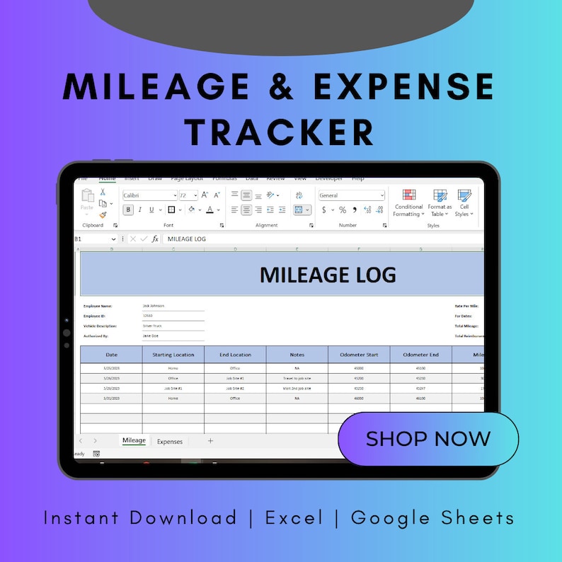Mileage Tracker Excel Template: Expenses Log, Reimbursement Calculator ...