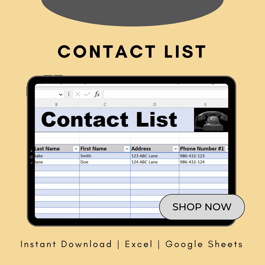 Excel Contact List Template: Editable Address Book (digital Download) - Etsy