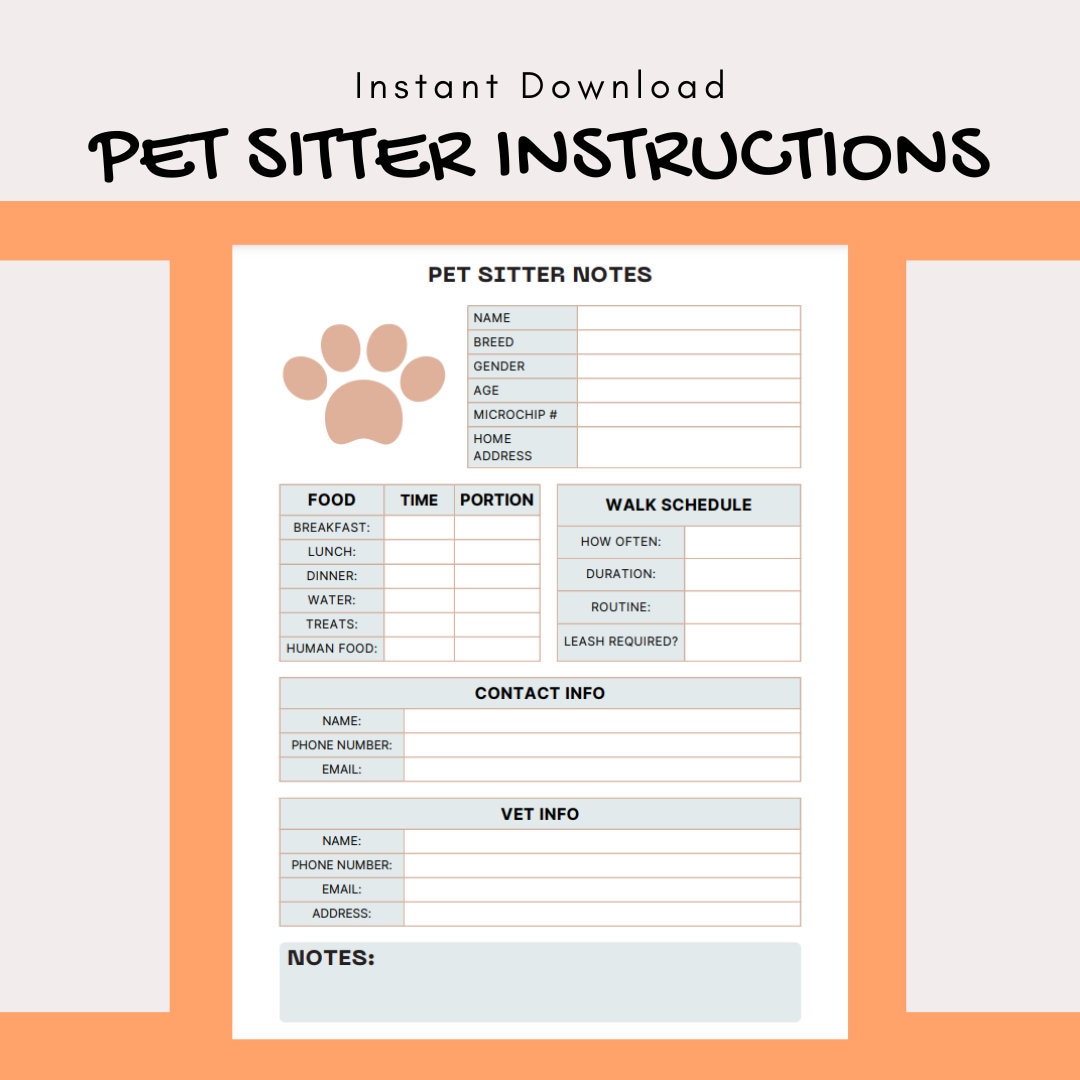 Dog Sitter Instructions, Dog Walker Form, Pet Sitter Template, Printable Forms for Pet Sitting ...