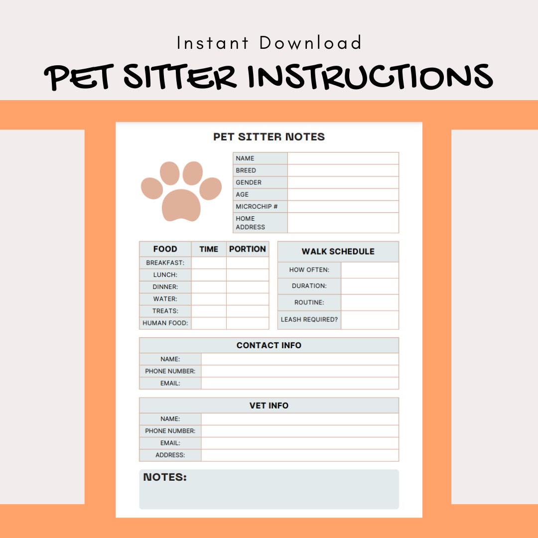 Dog Sitter Instructions Dog Walker Form Pet Sitter Template