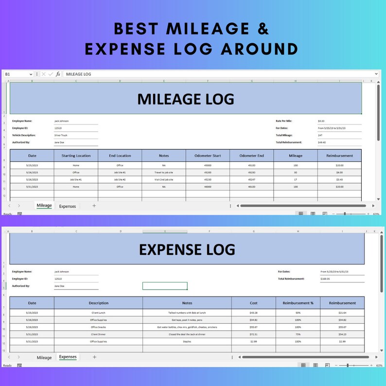 Mileage Tracker Excel Template: Expenses Log, Reimbursement Calculator ...