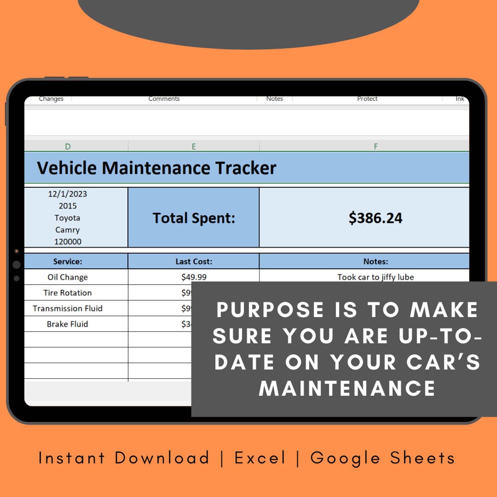 Vehicle Maintenance Tracker: Excel Template, Auto Service Log (digital ...