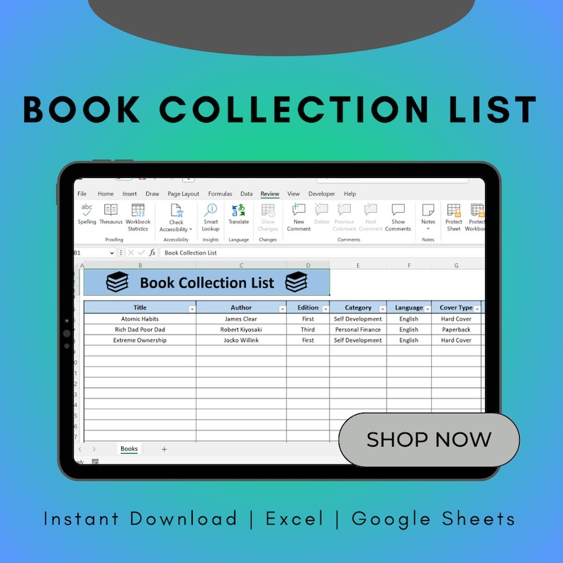 Book Collection Tracker: Excel Spreadsheet Template (digital Download ...