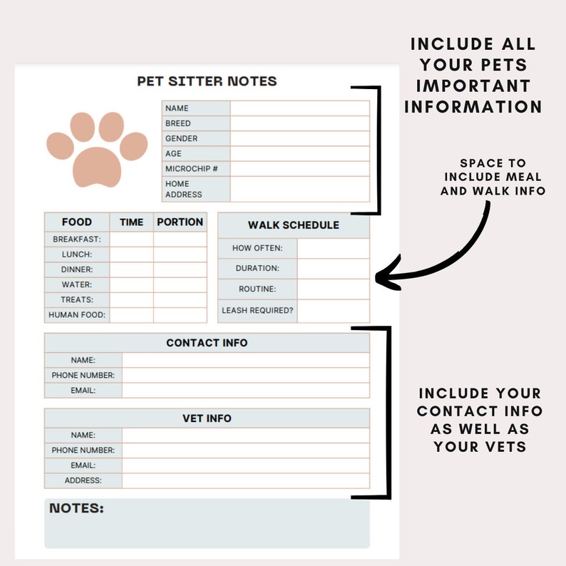Printable Pet Sitter Instructions: Dog Walker Form (PDF) - Etsy