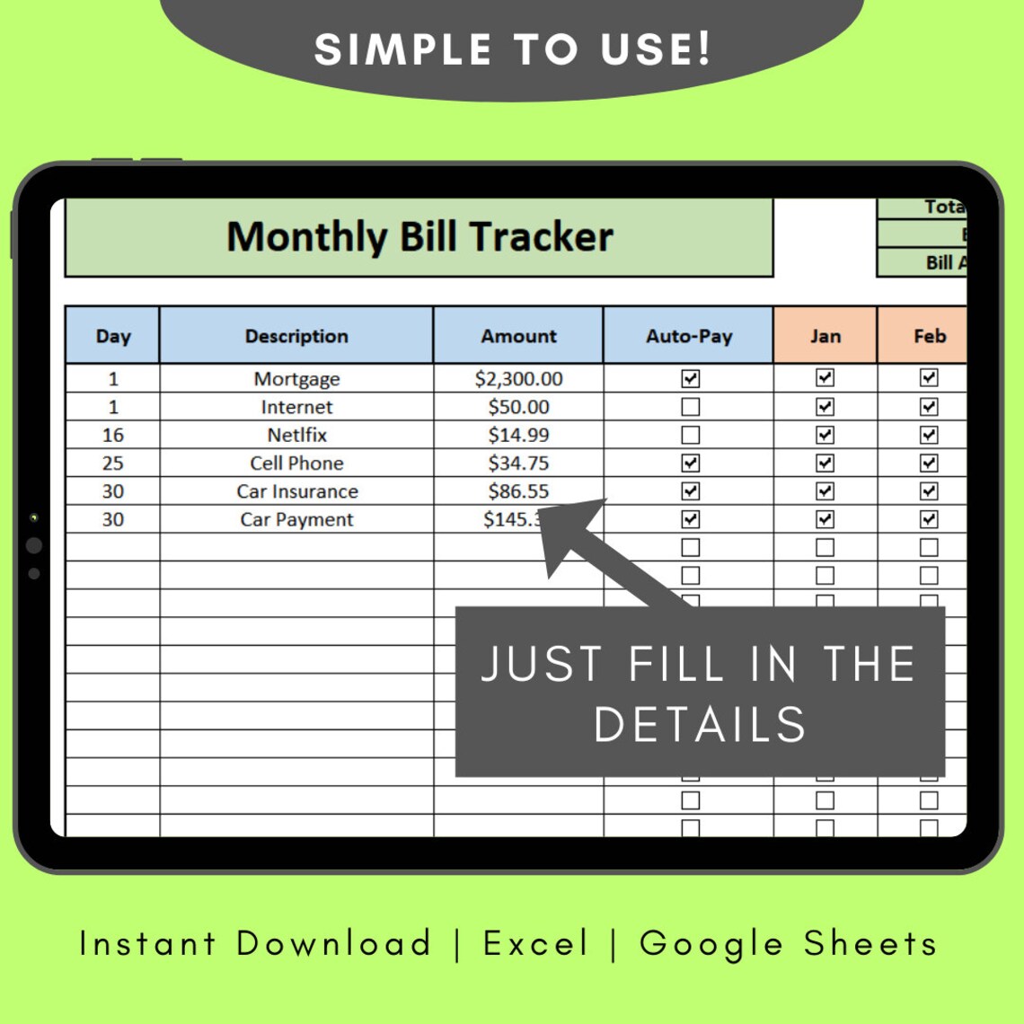 Monthly Bill Tracker: Excel Spreadsheet, Bill Payment Schedule (digital ...