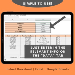 Vehicle Maintenance Tracker: Excel Template, Auto Service Log (digital ...