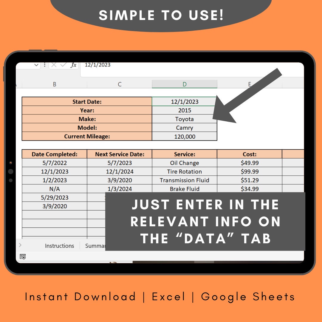 Vehicle Maintenance Tracker: Excel Template, Auto Service Log (digital ...
