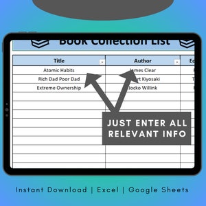 Book Collection Tracker: Excel Spreadsheet Template (digital Download ...