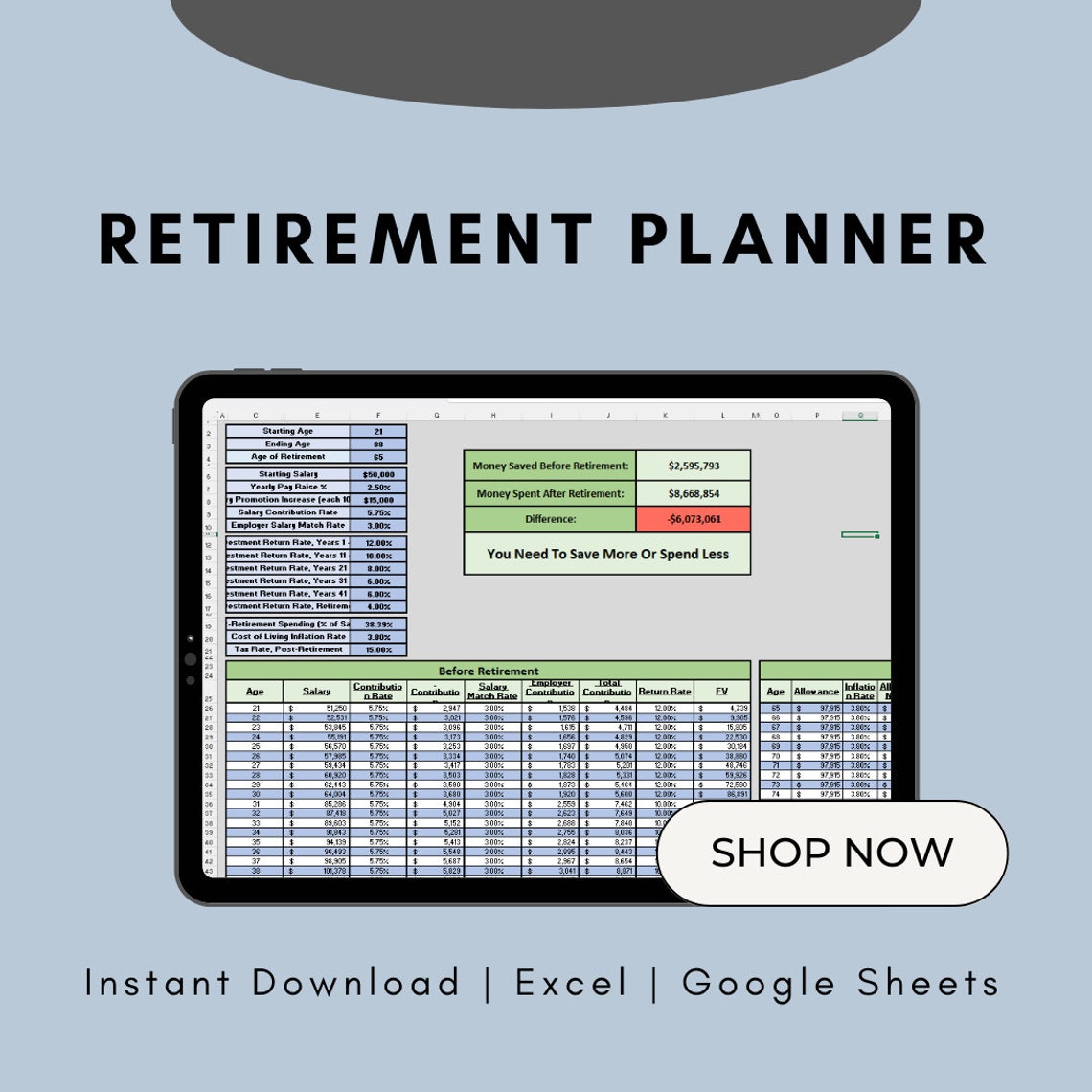 Retirement Planner Excel Template: Savings & Spending Tracker (digital ...