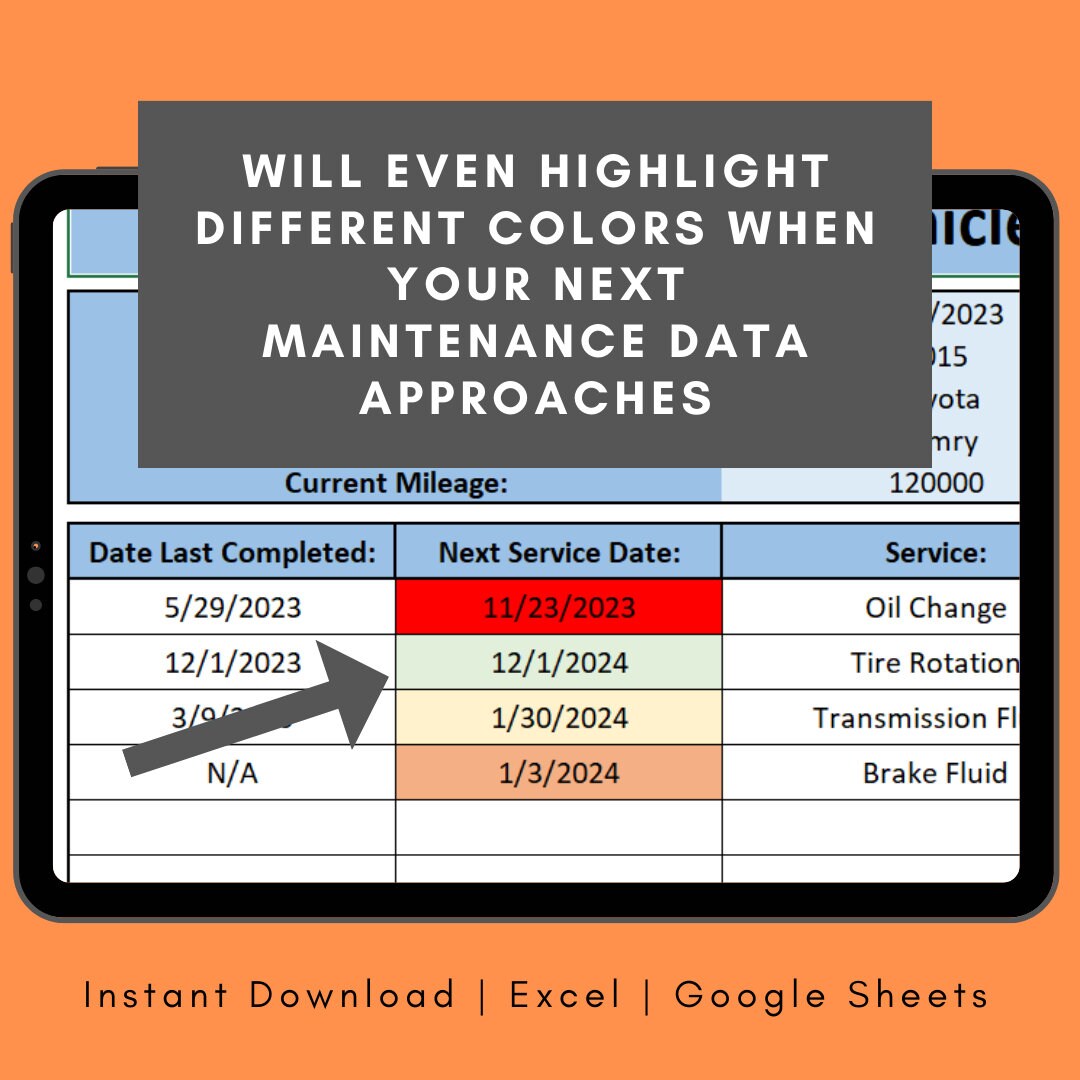 Vehicle Maintenance Tracker: Excel Template, Auto Service Log (digital ...