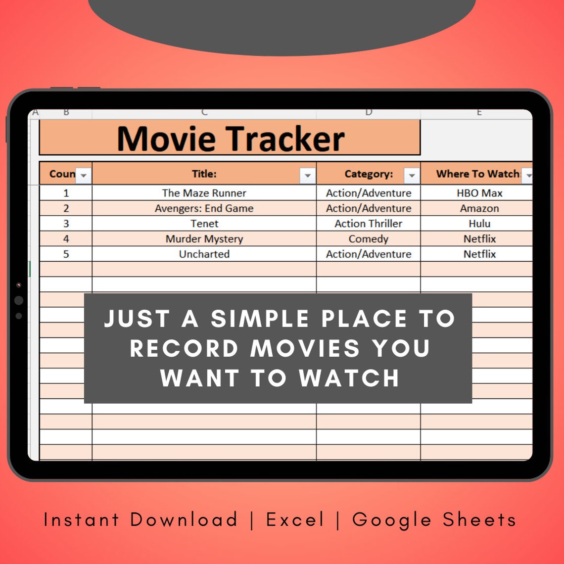 Movie Tracker Excel Spreadsheet, Movies Tracking Google Sheets, Film ...