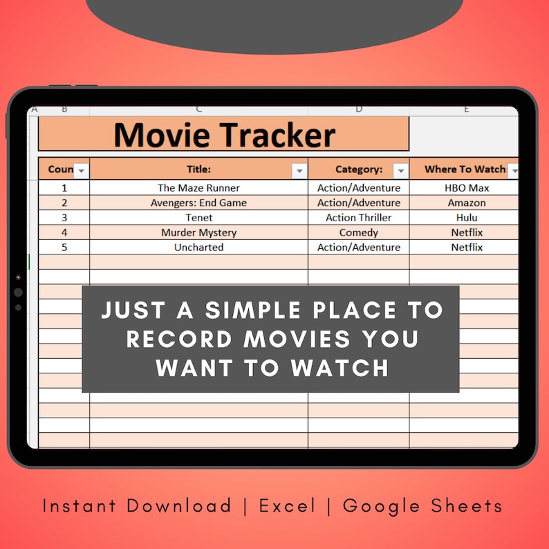 Movie Tracker Excel Spreadsheet, Movies Tracking Google Sheets, Film ...