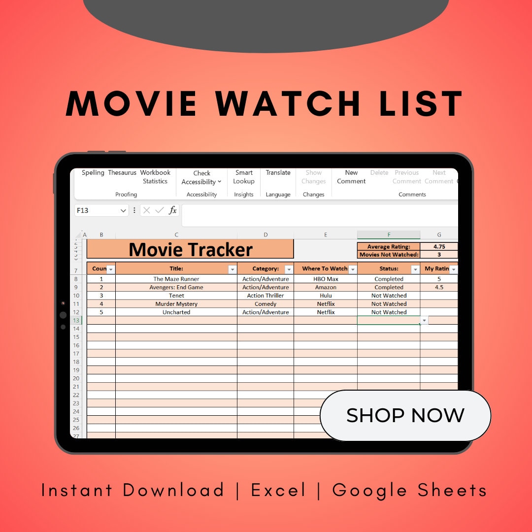Movie Tracker Excel Spreadsheet, Movies Tracking Google Sheets, Film ...