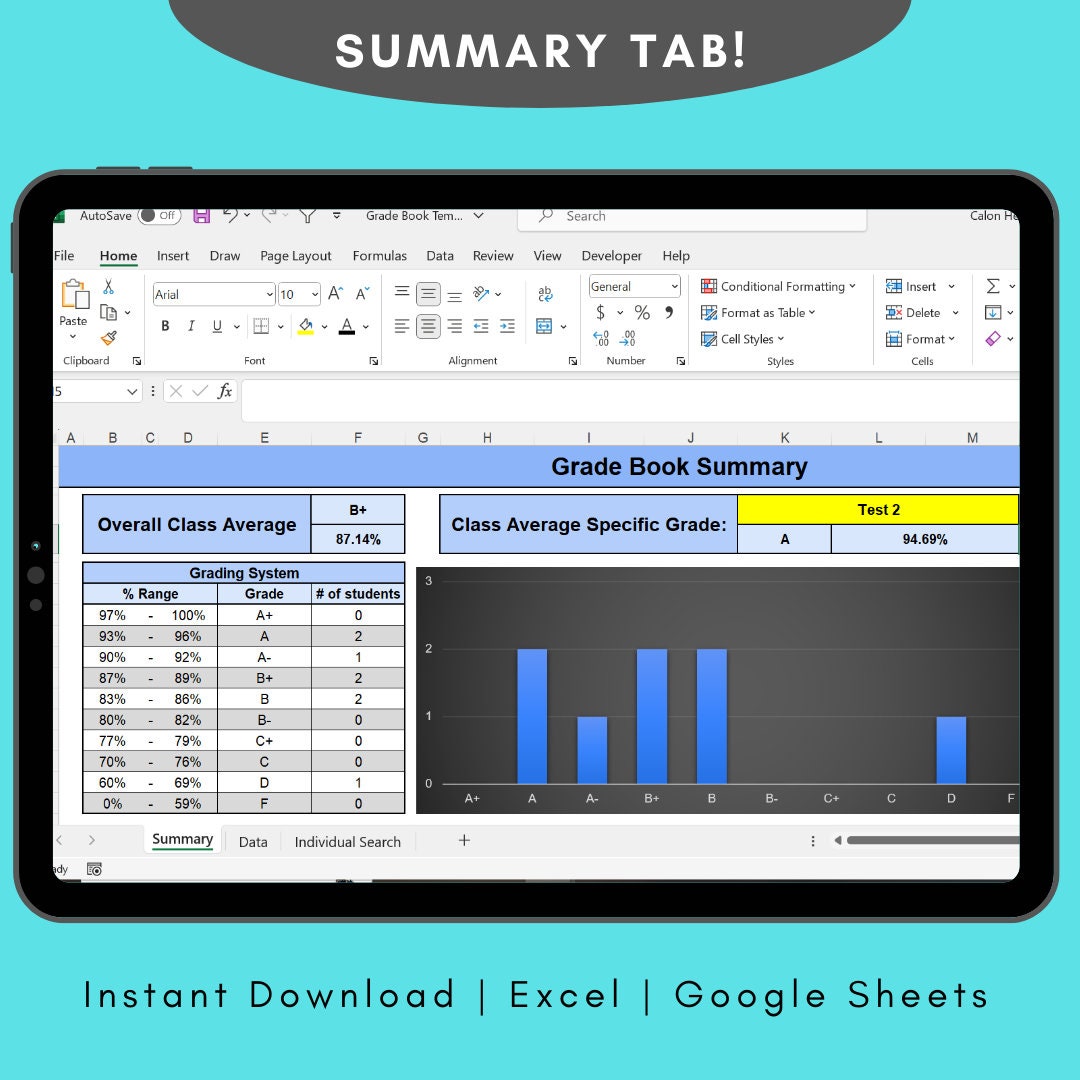 Excel Student Gradebook Template: Class Average Calculator (digital ...