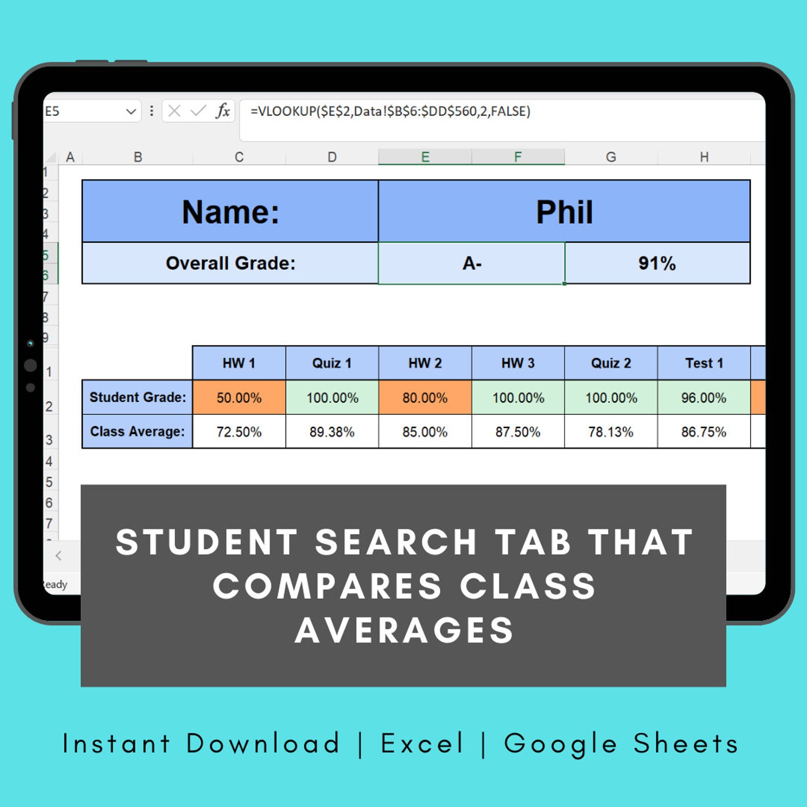 Excel Student Gradebook Template: Class Average Calculator (digital ...