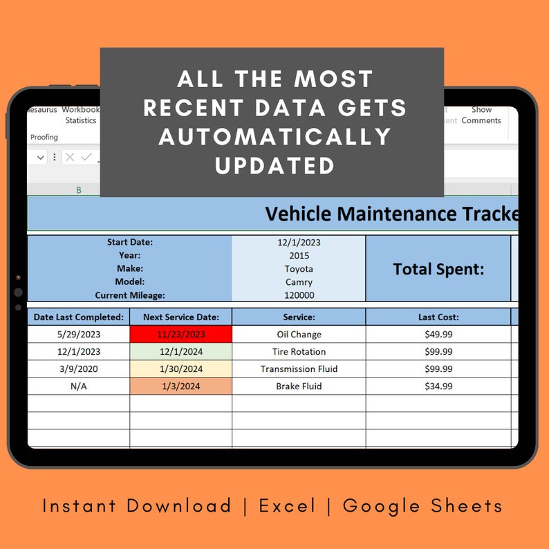 Vehicle Maintenance Tracker: Excel Template, Auto Service Log (digital Download) - Etsy
