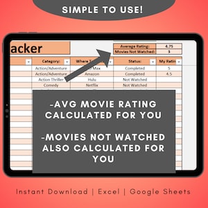 Movie Tracker Excel Spreadsheet, Movies Tracking Google Sheets, Film ...