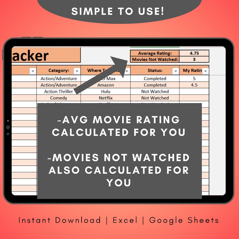 Movie Tracker Excel Spreadsheet, Movies Tracking Google Sheets, Film ...