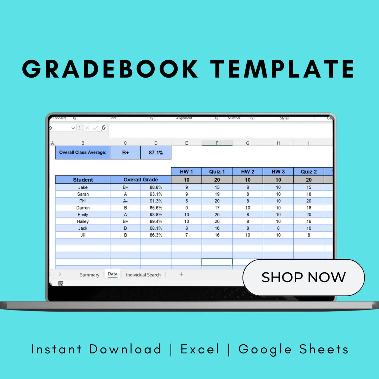 Excel Student Gradebook Template: Class Average Calculator (digital ...