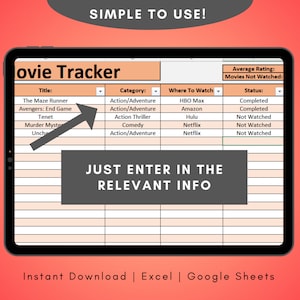 Movie Tracker Excel Spreadsheet, Movies Tracking Google Sheets, Film ...