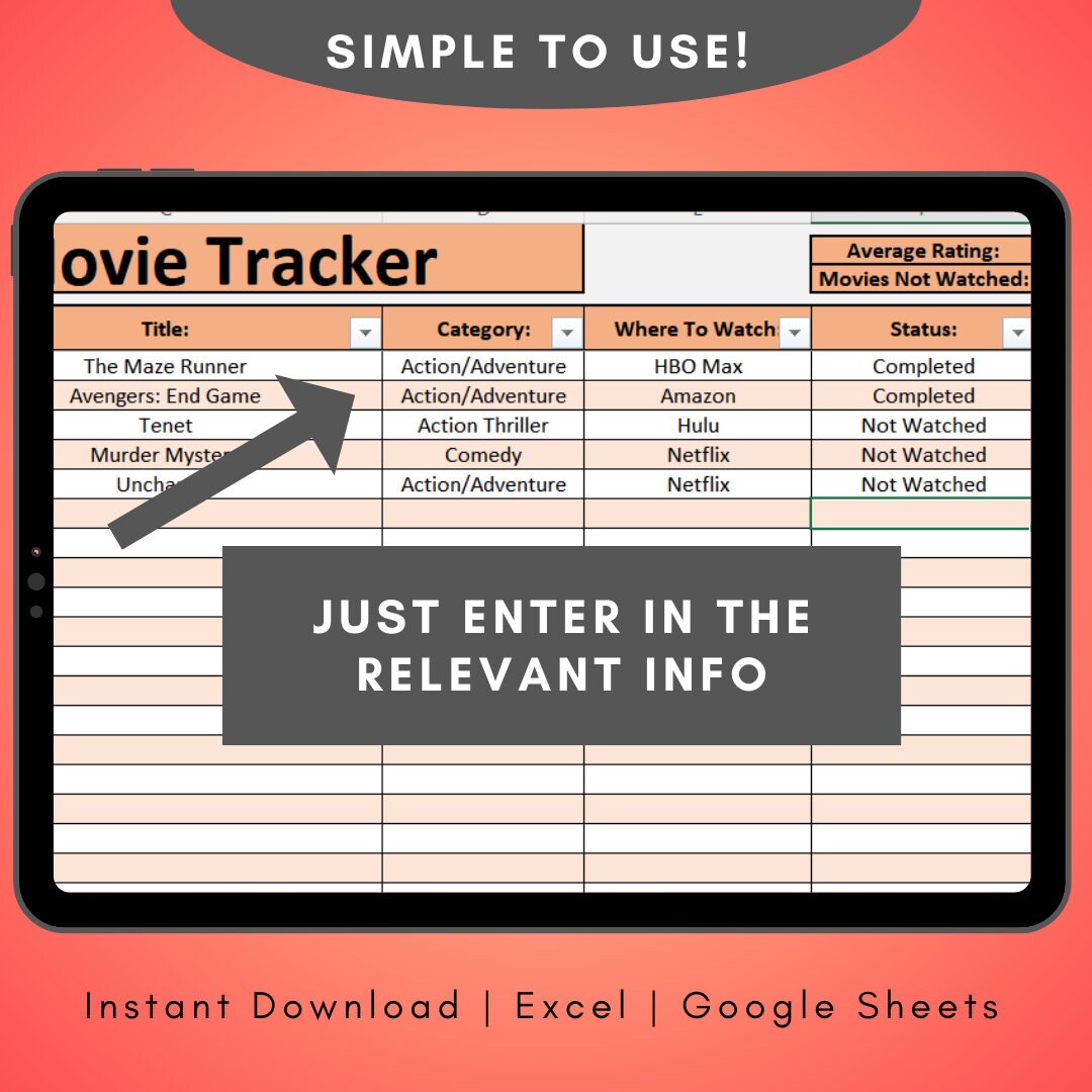 Movie Tracker Excel Spreadsheet, Movies Tracking Google Sheets, Film ...