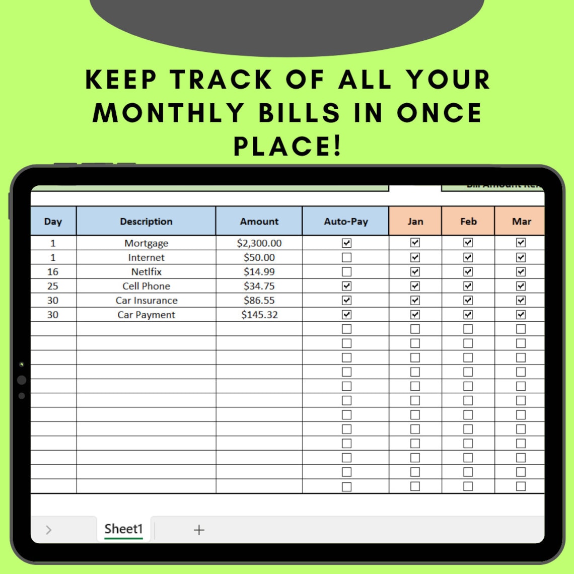 Monthly Bill Tracker: Excel Spreadsheet, Bill Payment Schedule (digital ...