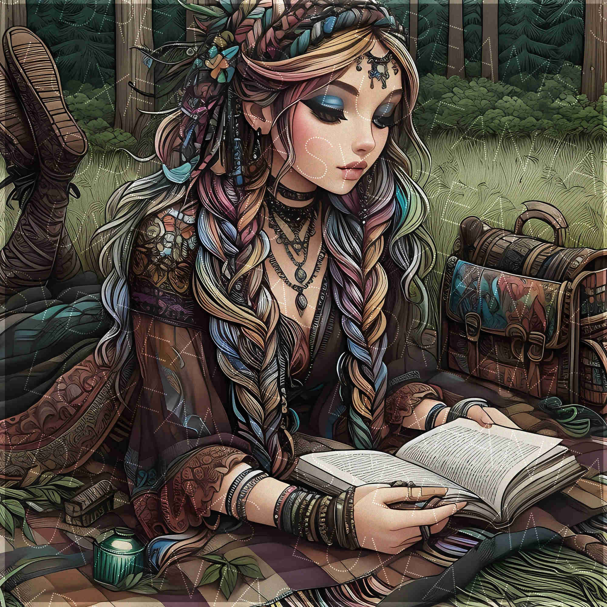 Boho Girl Reading Book in Nature, Book Illustrations for Scrapbooking ...
