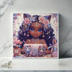 Cute Black Girl at Laptop Kids Cat Ears Flower Kitten Happy Cat Lover ...