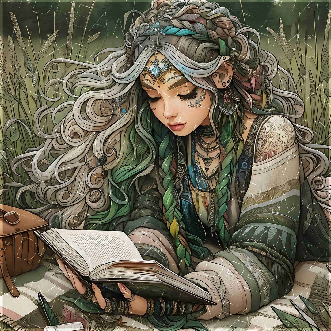 Boho Girl Reading Book Clipart, Nature Book Illustrations for ...