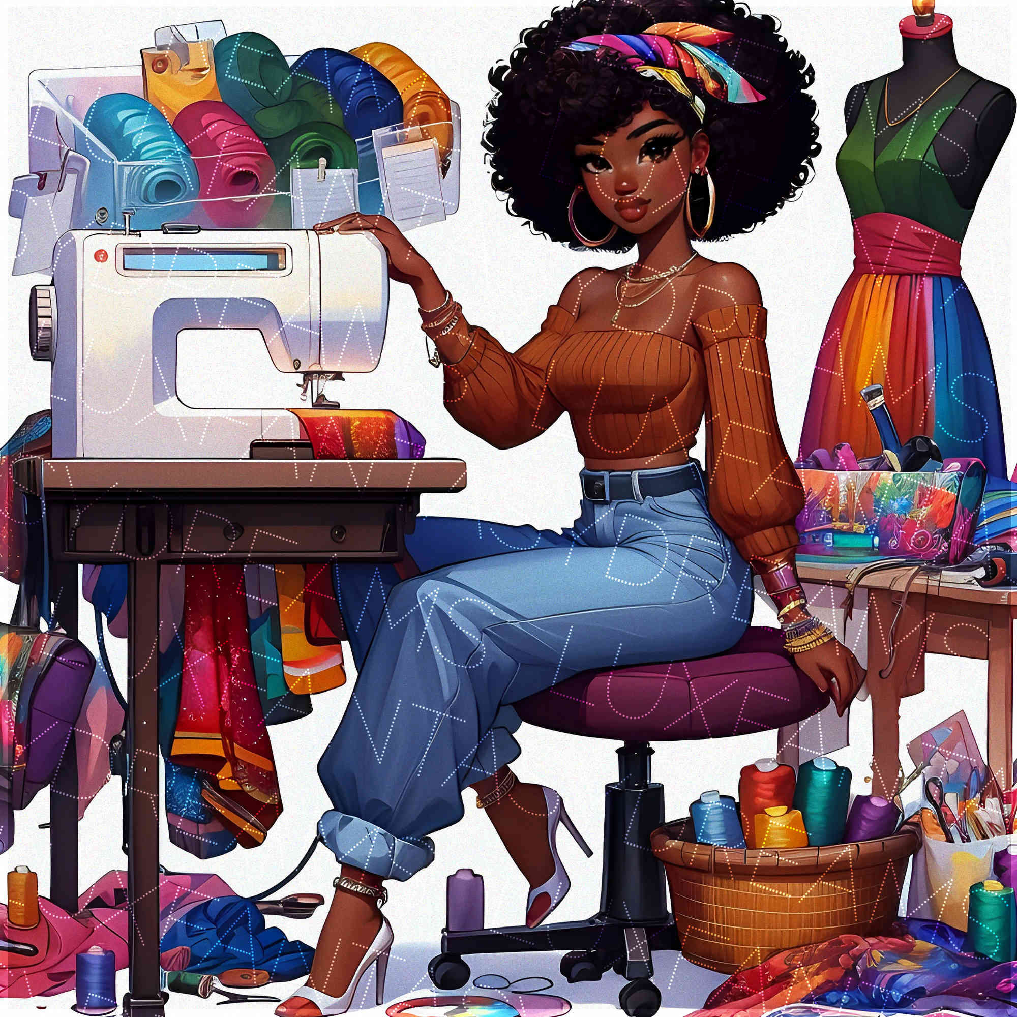 Crafty African Queen Beautiful Black Woman Sewing Fashion Clothing ...