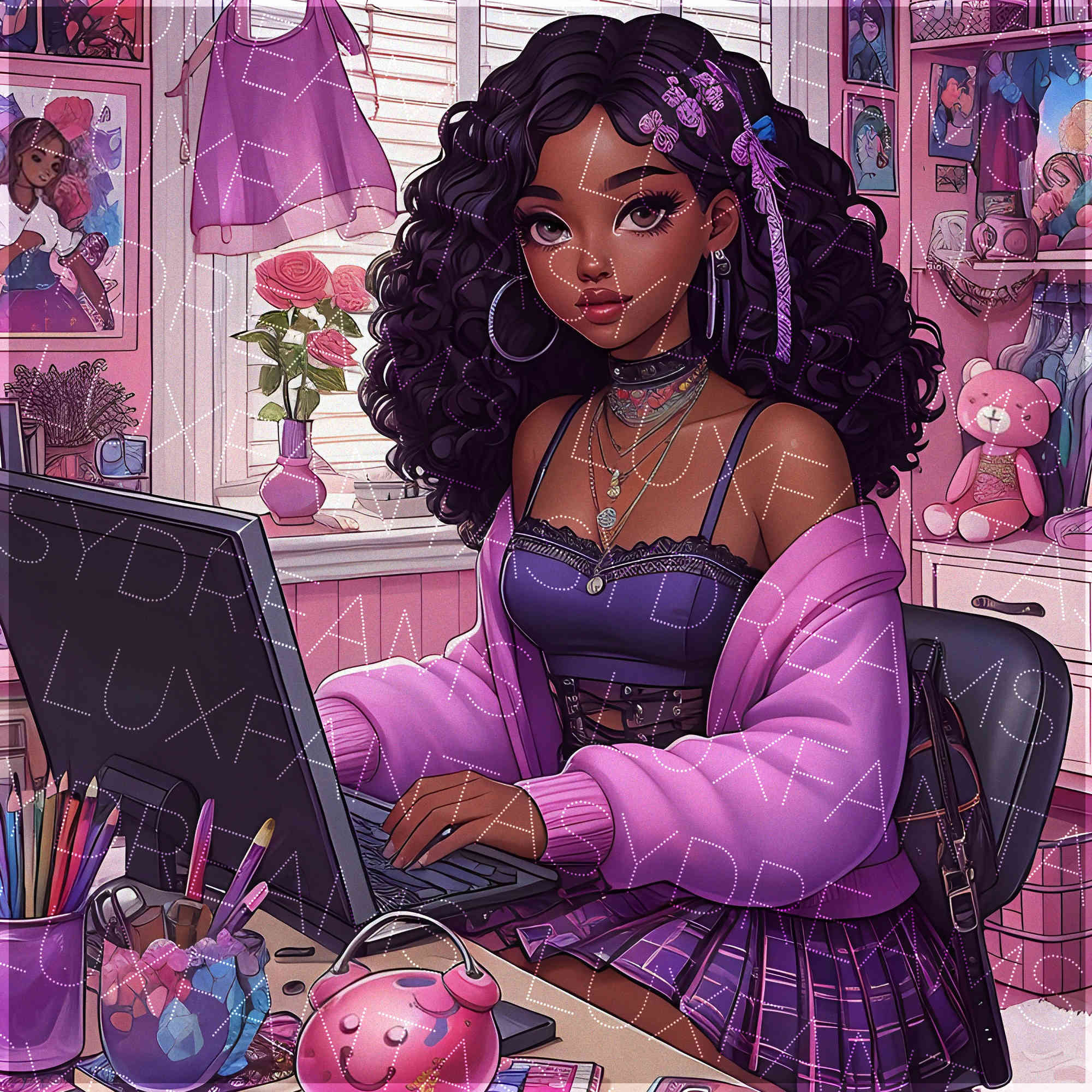 Girl With Laptop, at the Computer Illustration, Girls Cute Study ...