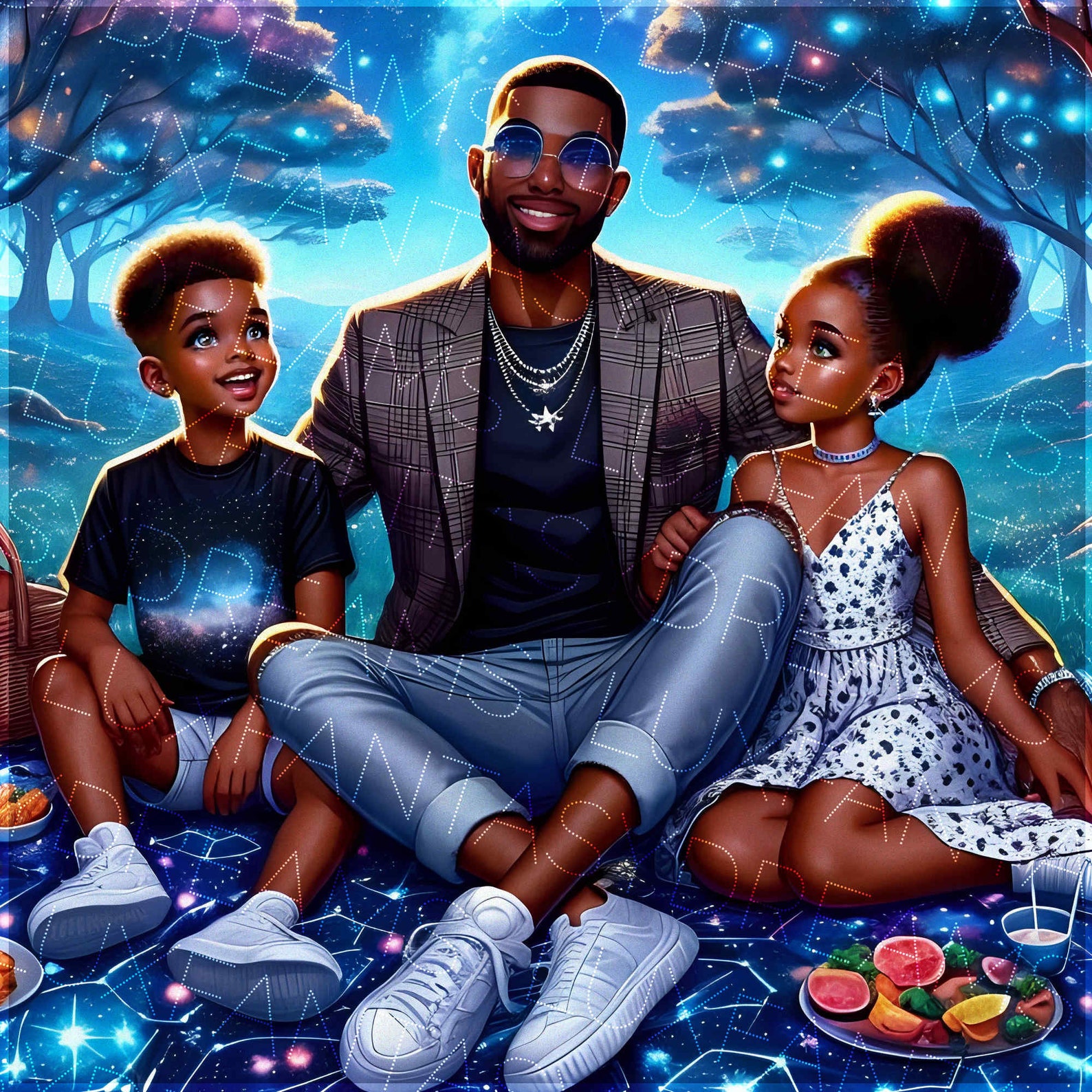 Black Father and Children Illustration Dad Family Galaxy Stars Afro ...