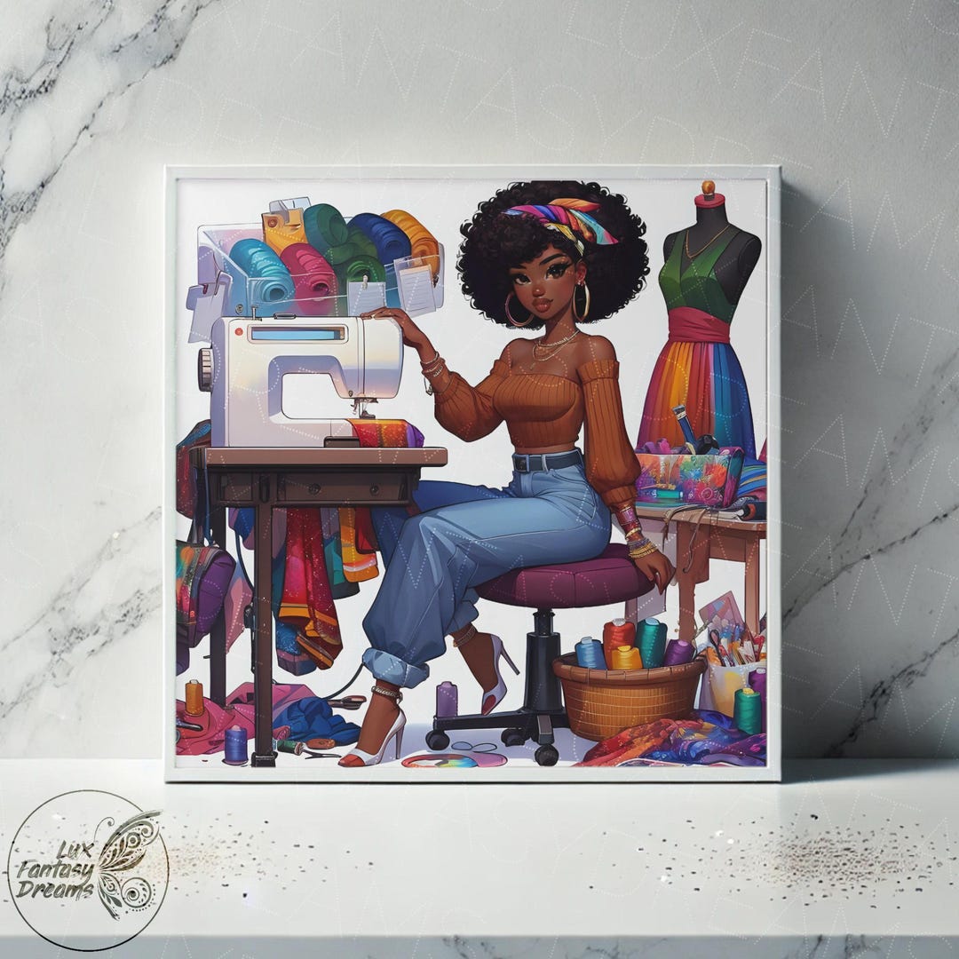 Crafty African Queen Beautiful Black Woman Sewing Fashion Clothing ...