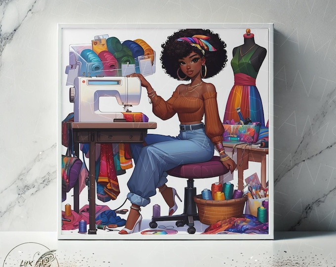 Crafty African Queen Beautiful Black Woman Sewing Fashion Clothing ...