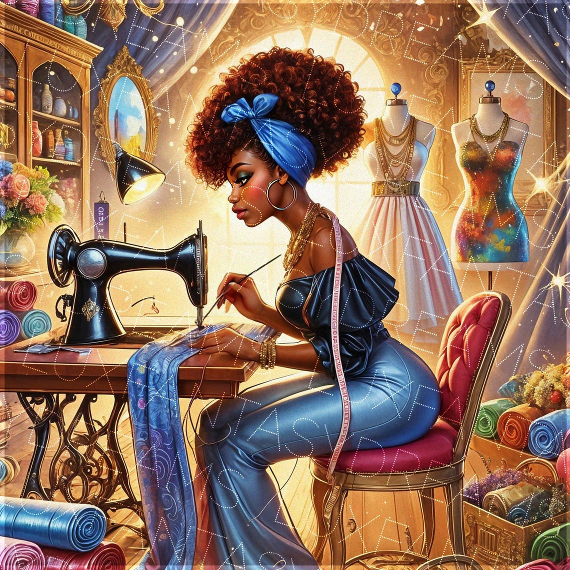 Crafty Beautiful Black Woman Sewing Fashion Clothing African American ...
