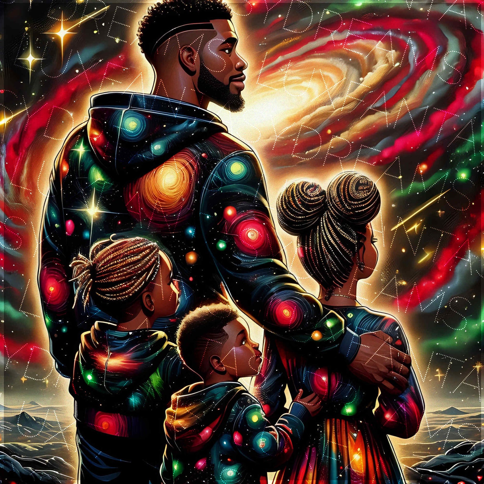Black Father and Children Illustration Dad Family Galaxy Afro Father's ...