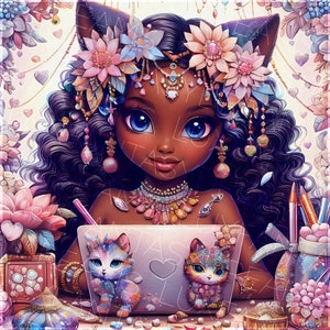 Cute Black Girl at Laptop Kids Cat Ears Flower Kitten Happy Cat Lover ...