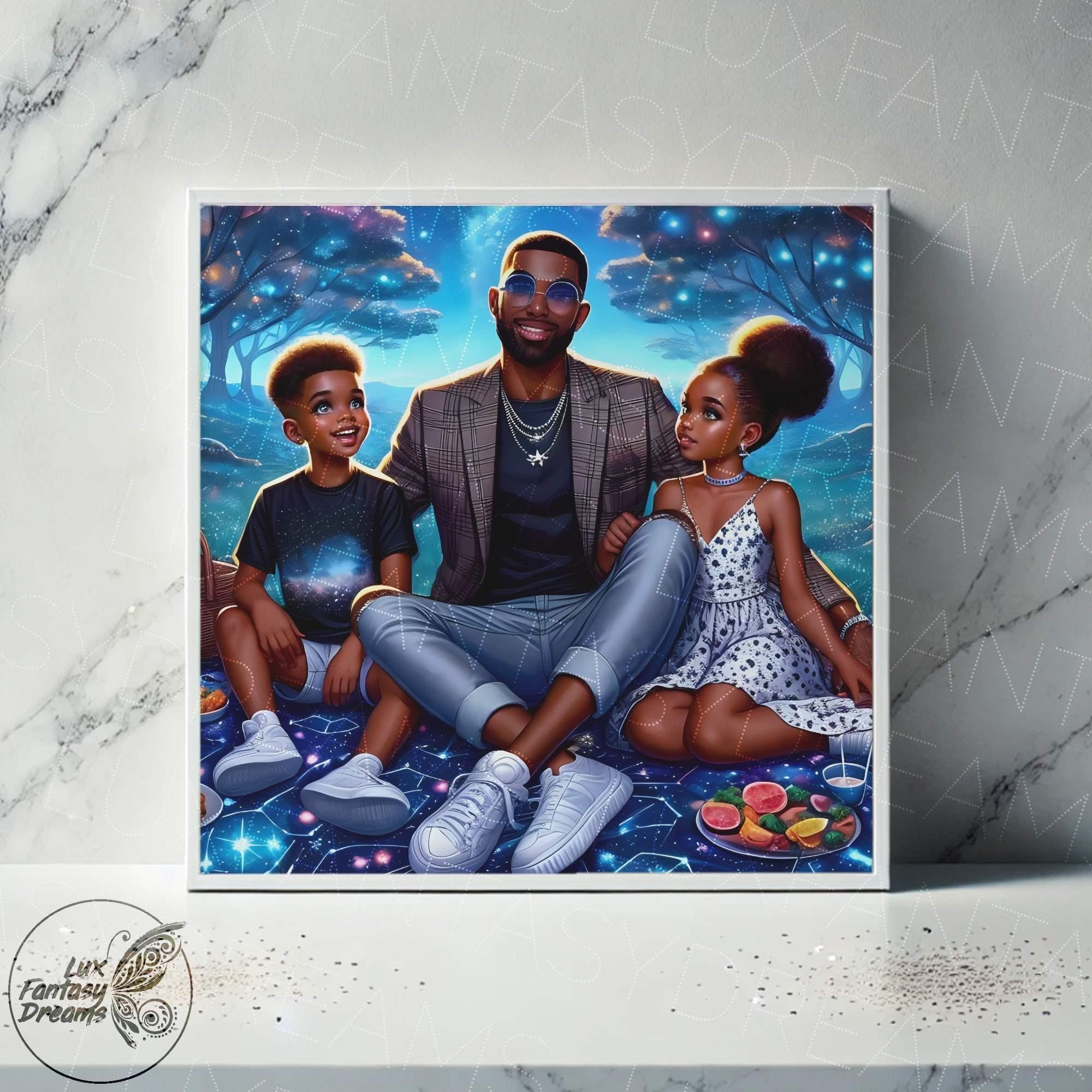 Black Father and Children Illustration Dad Family Galaxy Stars Afro ...