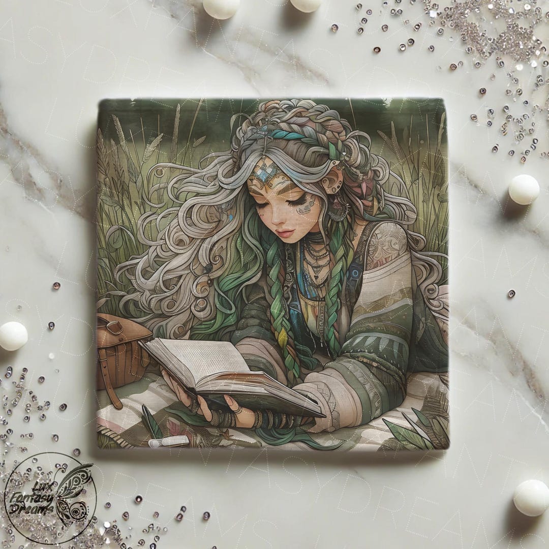 Boho Girl Reading Book Nature Books Illustrations Art Scrapbooking Gift ...