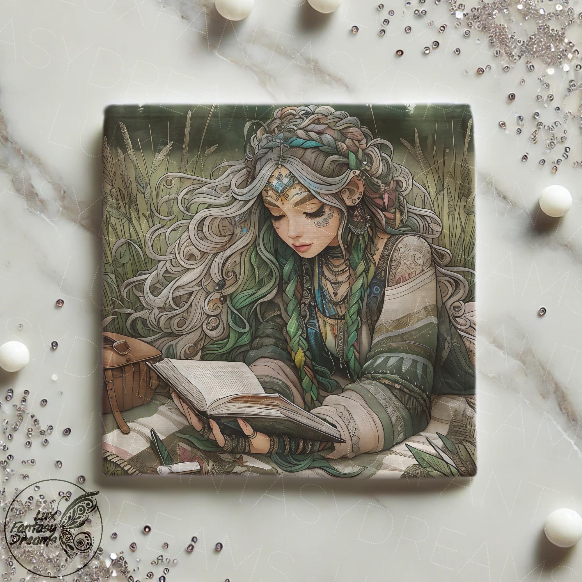 Boho Girl Reading Book Nature Books Illustrations Art Scrapbooking Gift ...