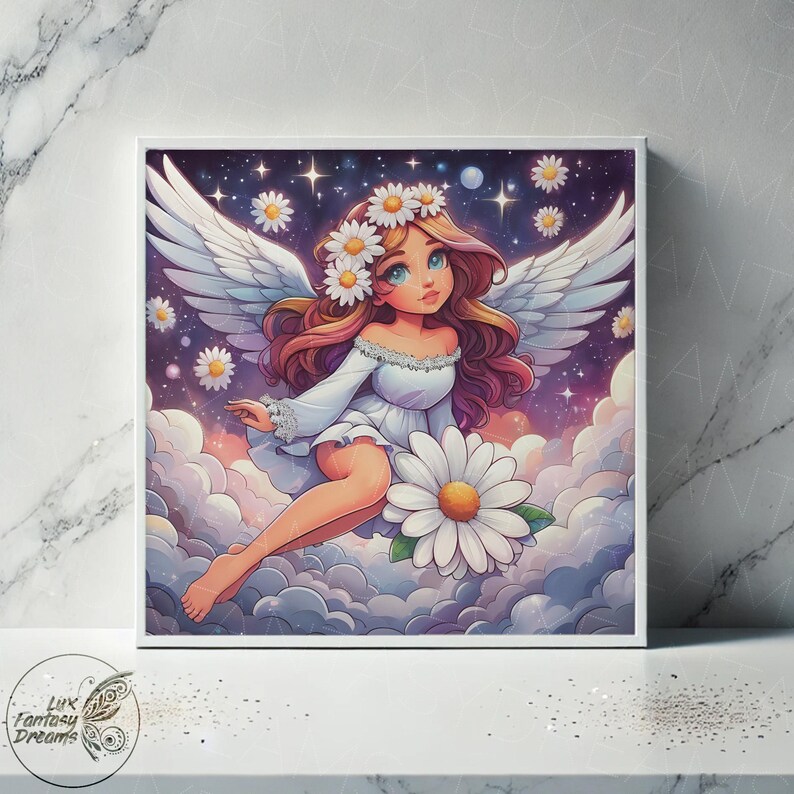 Angel Girl Illustration Angelic Spring Daisy Art Heaven Wings, Daisies ...