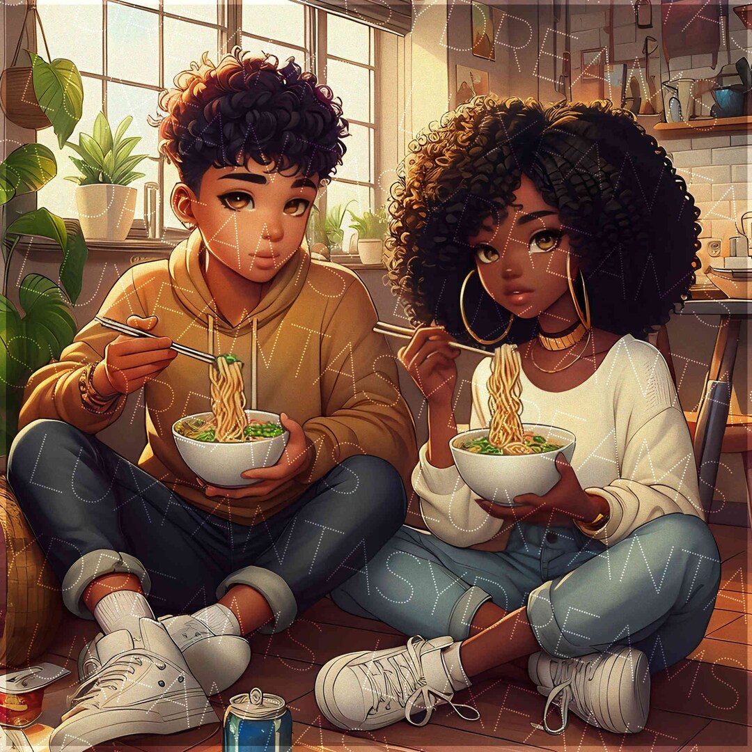 Black Couple Eating Noodles Melanin Cozy African American Kids Afro Food Friends Tshirt Art ...