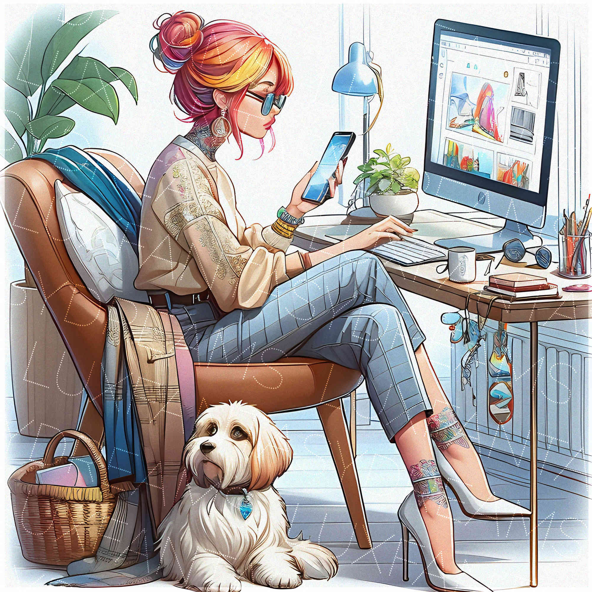 Woman Working at the Computer, Girl With Pet Dog Modern Fashion Girl ...