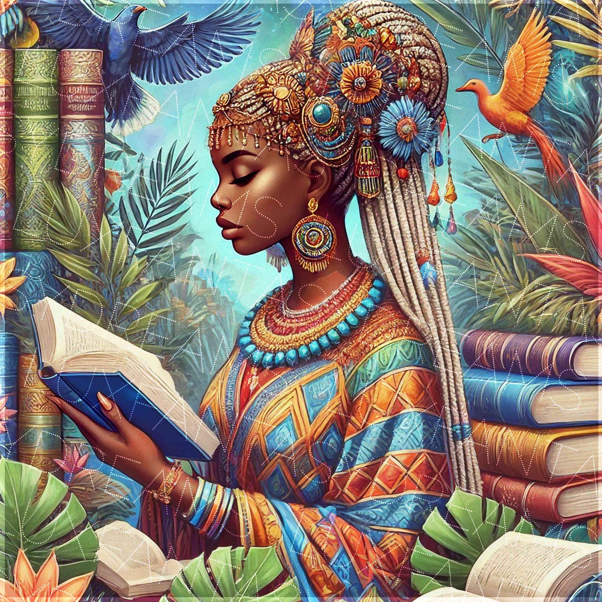 Beautiful African Woman Reading Books Melanin Book Queen Afro Reader ...
