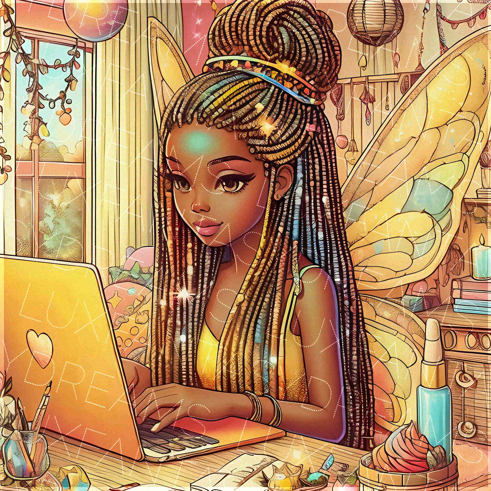 Black Fairy Girl on Laptop Cute Afro Fairies Working at the Computer ...